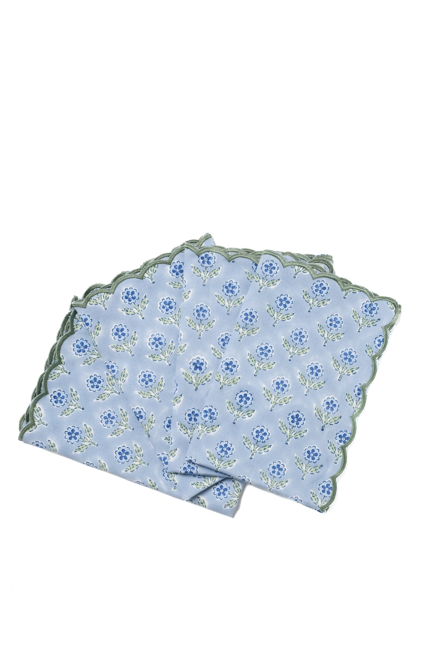 Mona Scallop Embroidered Blockprint Napkins in Blue, Set of 4